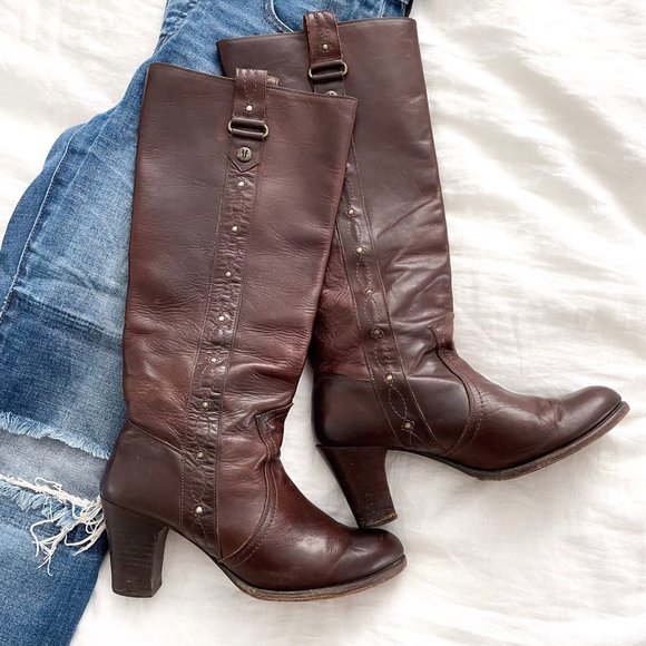 Frye | Shoes | Frye Fiona Stitch Leather Boots Tall 85 Dark Brown Studs ...